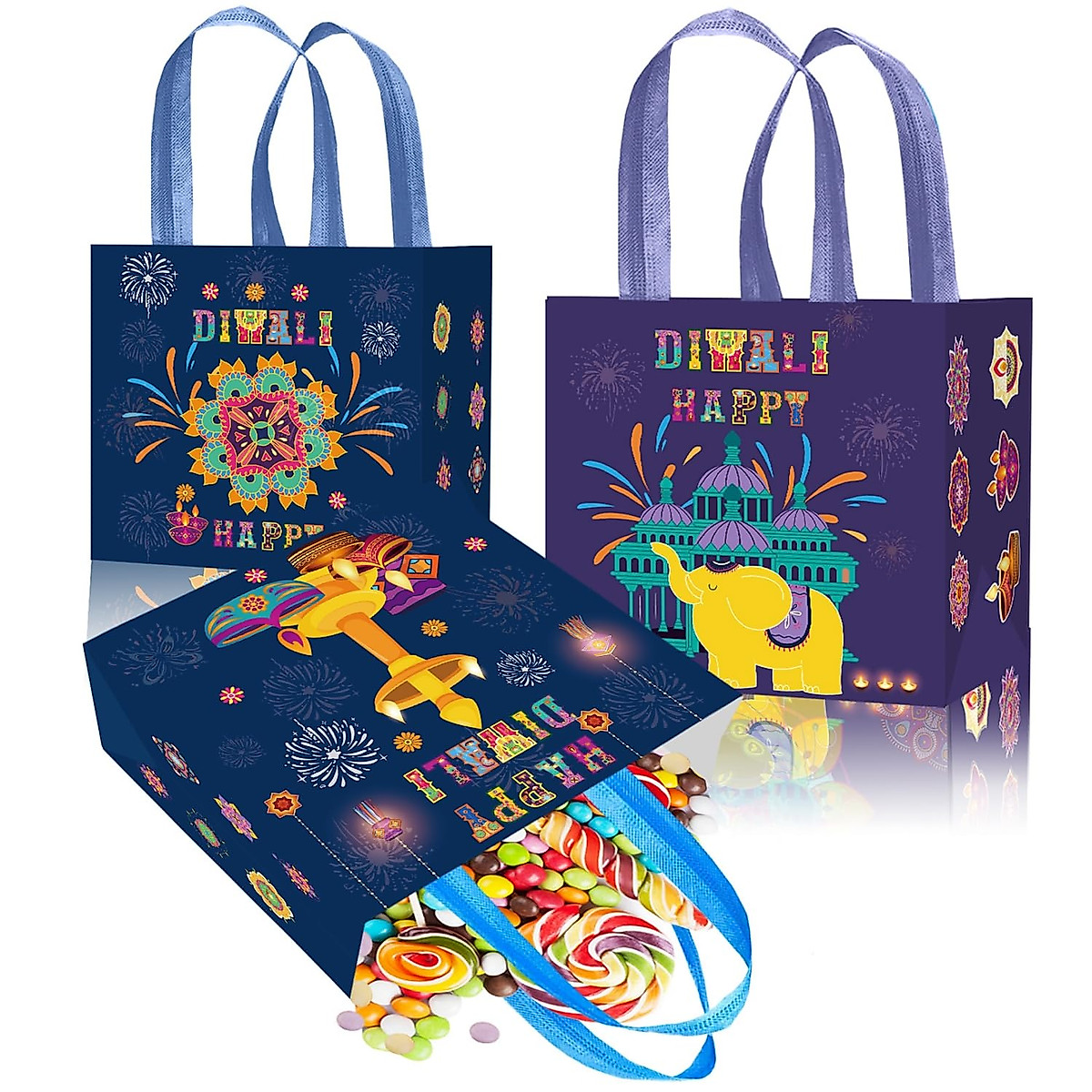YVAINE 12 Pieces Happy Diwali Gift Bags Diwali Party Non-Woven Bags Festival of Lights Party Goodie Bags for Diwali Party Decoration Supplies
