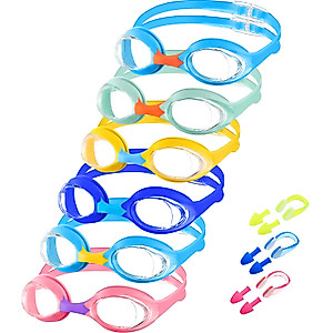 Macarrie 6 Pcs Kids Swim Goggles No Leaking Anti Fog Swimming Goggles for Kids Boys Girls with Nose Clip Earplugs, Age 3-14 (Cute Colors)