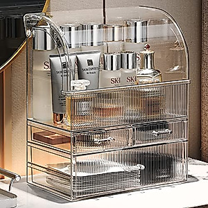 MOOCHI Clear Stripes Pattern Professional Large Cosmetic Makeup Organizer Dust Water Proof Cosmetics Storage Display Case with Drawers