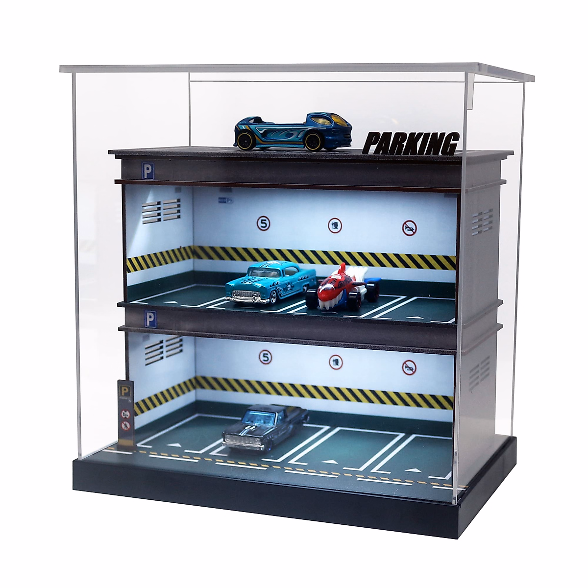 Hot Diecast Wheels Display Case - 1/64 Scale Die-cast Model Car Display Case with LED Light and Acrylic Cover, Wooden Parking Garage in 3 Floors with 10 Parking Spaces (1:64 Green with Acrylic)