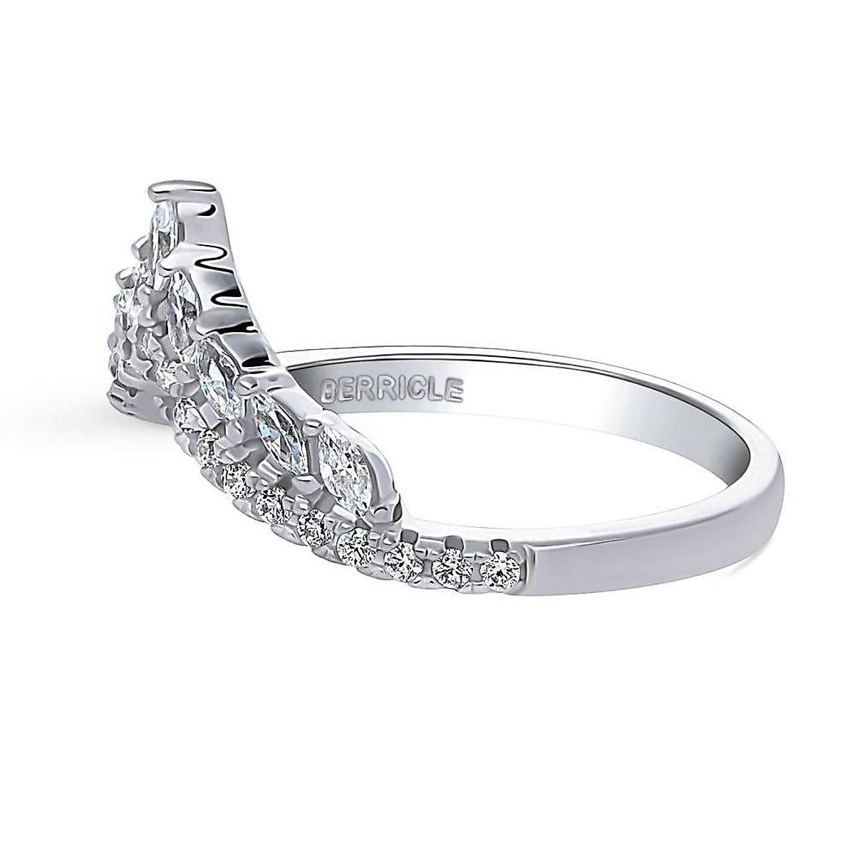 BERRICLE Sterling Silver Wishbone Wedding Rings Cubic Zirconia CZ Chevron Anniversary Curved Half Eternity Ring for Women, Rhodium Plated Size 9.5