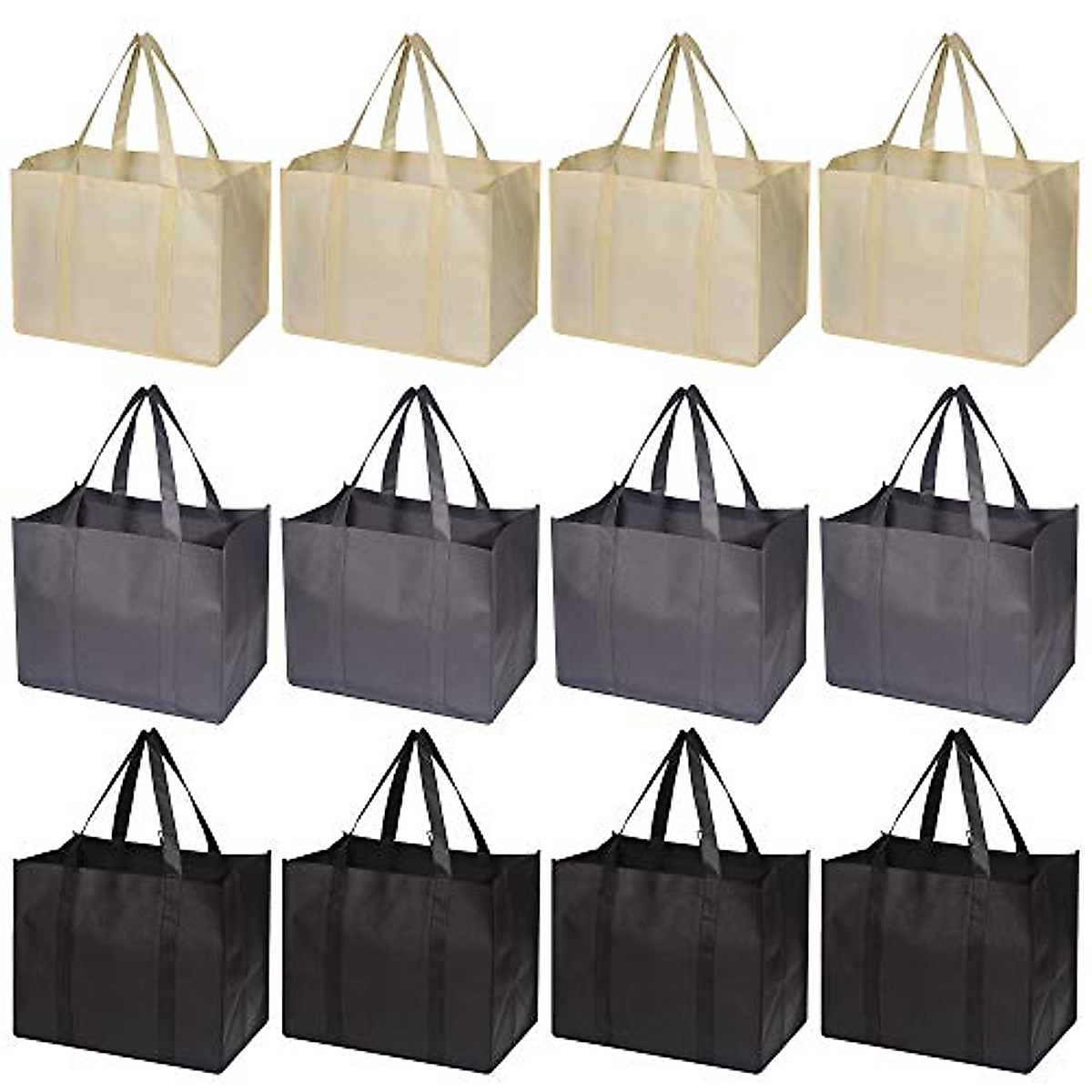 Set of 12 Reusable Grocery Bags Large Foldable Heavy Duty Shopping Tote Produce Bag with Reinforced Handles for Groceries Clothes Vegetables Fruit, Black Grey Beige