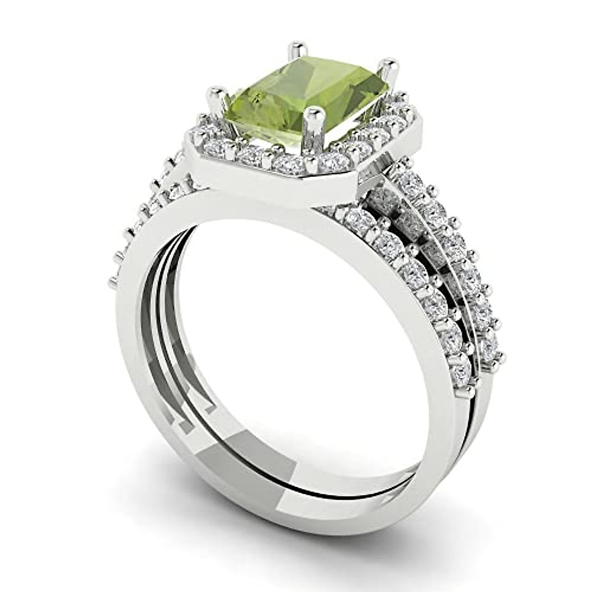 Clara Pucci 2.20ct Emerald Cut Halo Solitaire Natural Peridot Engagement Promise Anniversary Bridal Ring Band set 18K White Gold 9