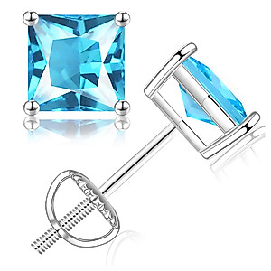 SMILEST Aquamarine Birthstone Earrings for Women, Sparkle Princess Cut Aquamarine March Birthstone Earrings 18K White Gold Plated Blue Aquamarine Jewelry March Birthday Gifts for Women Screw Back