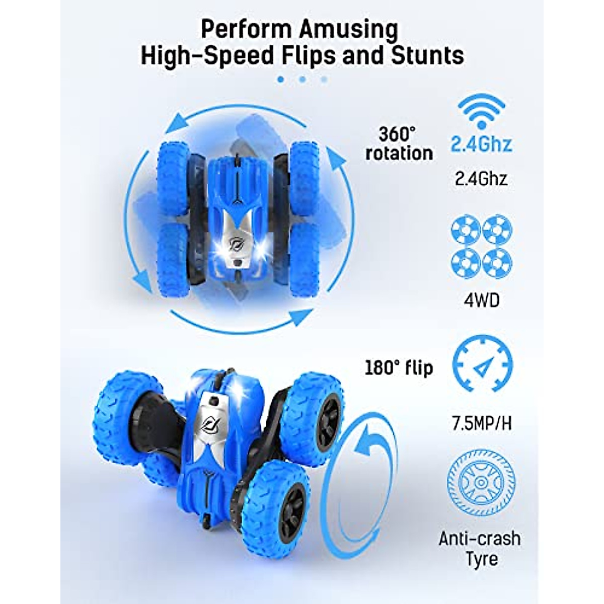 Toys for 5-12 Year Old Boys, 2 in-1 Rc Stunt Car for Kids and 2.4Ghz 4WD 360° Rotating with Headlights, Cool Remote Control Car Present Christmas Birthday Gifts for Kids Aged 4+