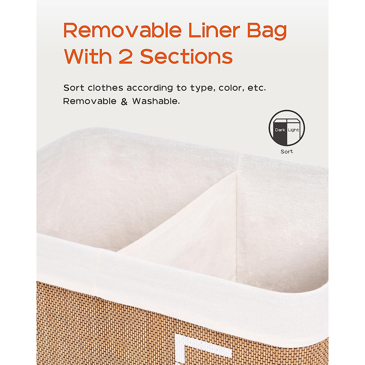 CASAMAYA Laundry Basket, 33.6 Gal (127L) Bamboo Laundry Hamper with 2 Section, Hamper with lid, Foldable, Removable and Machine Washable Liner, for Laundry Room, Bedroom, Natural LHB127Y01