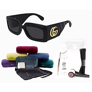 Gucci GG0811S Black Grey Rectangle Women's Sunglasses + Bundle with eSHADES Luxury Eyewear Kit