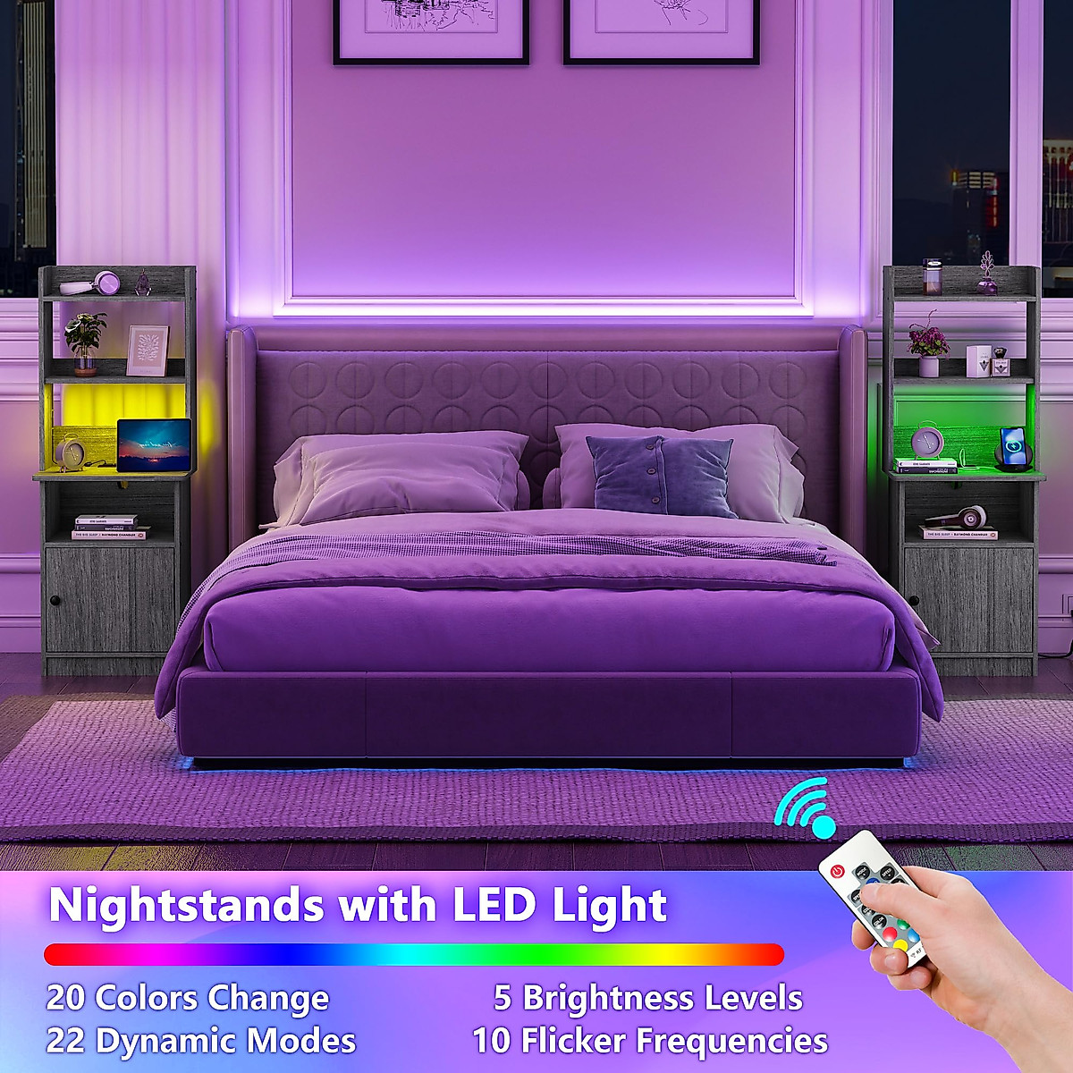 Clikuutory 47" Tall Nightstand with Charging Station & LED Lights, Large Nightstand with Adjustable Bookshelf, Modern Bedside Table with Storage Cabinet for Bedroom, Home Office, Grey