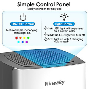 NineSky Dehumidifier for Home, 30oz Water Tank,(300 sq.ft) Dehumidifiers for Bedroom, Bathroom, Basement with 7 Colorful Lights, Auto Shut Off(C1 White/Gray)