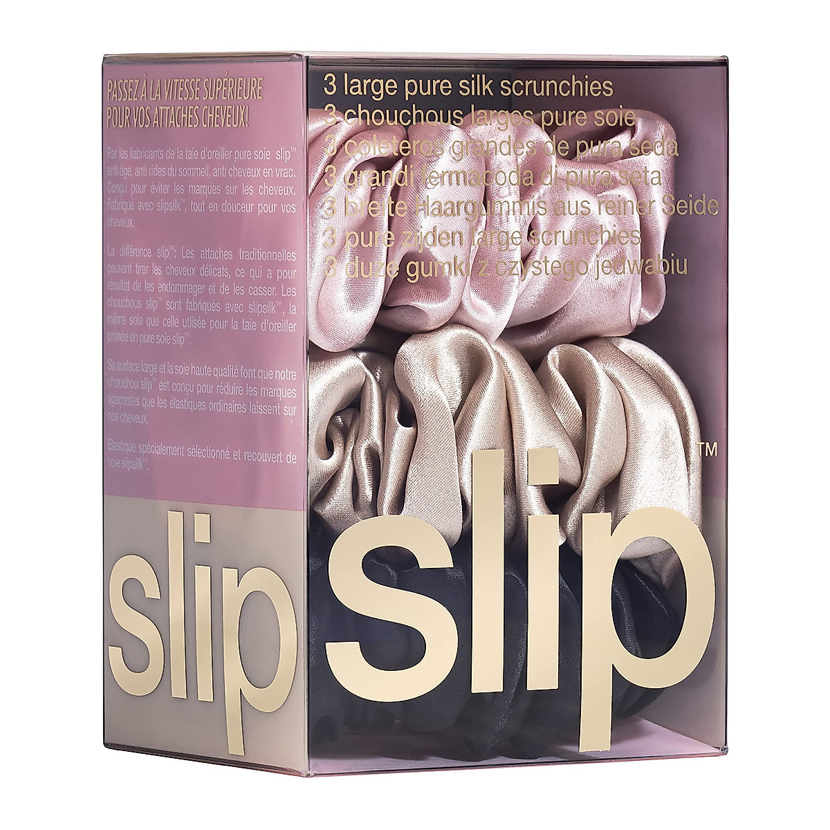 Slip Silk Large Scrunchies in Black, Pink, and Caramel - Elastic Scrunchies Set (3 Scrunchies)