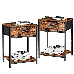 Nightstands Set of 2, Industrial End Table with Fabric Drawer and Storage Shelf, Retro Bedside Tables Organizer, Side Table for Living Room Bedroom, Rustic Brown Wooden Look and Black Metal Frame