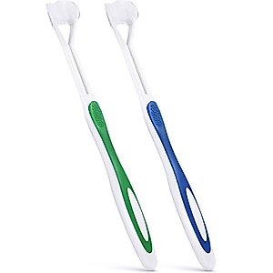 2 Pieces 3 Sided Autism Toothbrush Three Bristle Travel Toothbrush for Complete Teeth and Gum-Care, Great Angle Bristles Clean Each Tooth, Soft/Gentle (Green, Blue)