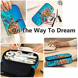 Yekiua Sea Turtle Pen Bag Big Green Sea Wildlife Tropical Coral Reef Blue Water Aquatic Large Pencil Case Big Capacity Pencil Pouch Pencil Holder