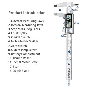 Proster 150mm 6inch Digital Vernier Caliper Stainless Steel Electronic Caliper Fractions/Inch/Metric Conversion Measuring Tool for Length Width Depth Inner Outer Diameter