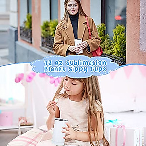 Geetery 20 Pack Sublimation Blanks Sippy Cups Bulk 12 oz White Sublimation Straight Sippy Tumblers with Handle and Lid kids Insulated Stainless Steel Water Bottle Straw Cups for Kids