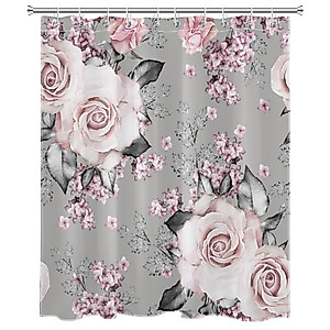 LB Pink Peony Floral Shower Curtain for Bathroom, Farmhouse Wildflower with Grey Leaf Fabric Shower Curtain with Hooks, Country Nature Plant Bathroom Curtain Shower Set, 60" W x 72" L