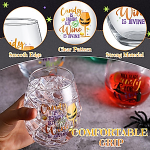 Bokon 6 Pcs Halloween Stemless Wine Glasses 15oz Witches Wine Glasses Hallo Queen Drinking Glasses Ice Coffee Beer Beverages Clear Tumbler Cups Halloween Gifts for Women Men Party Event Decorations