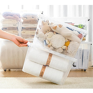 Cetomo Plastic Storage Bin Box Stackable and Nestable with Lid and Secure Latching Buckles, Clear, 85Qt x 4, Pack of 4