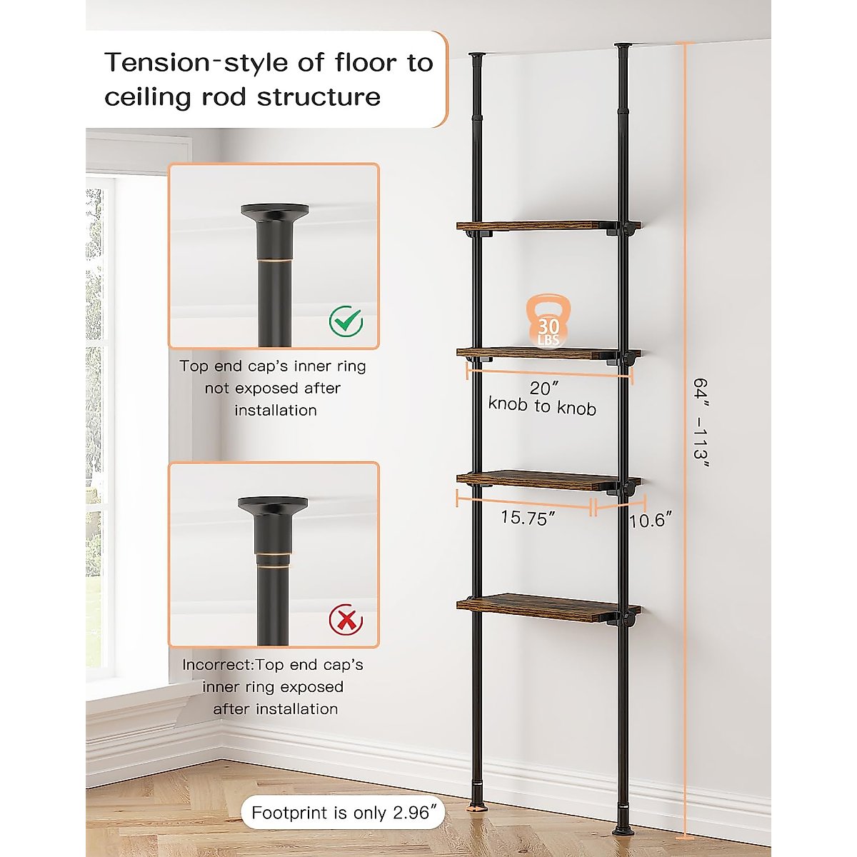 ALLZONE Adjustable Tall Narrow Bookshelf for Bedroom,4-Tier Ladder Bookshelf for Small Spaces,Tension Mount Small Book Shelf and Tall Bookcases, 64 to 113Inch Height Skinny Bookshelf with Open Storage
