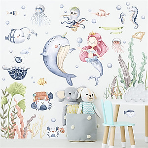 WAFT YEARN Vinyl Removable Lovely Mermaids Fish Underwater Ocean Animal Wall Decal Wall Sticker Decor for Nursery School Classroom Bedroom Bathroom Girls Room Playroom 29.1 in by 37 in
