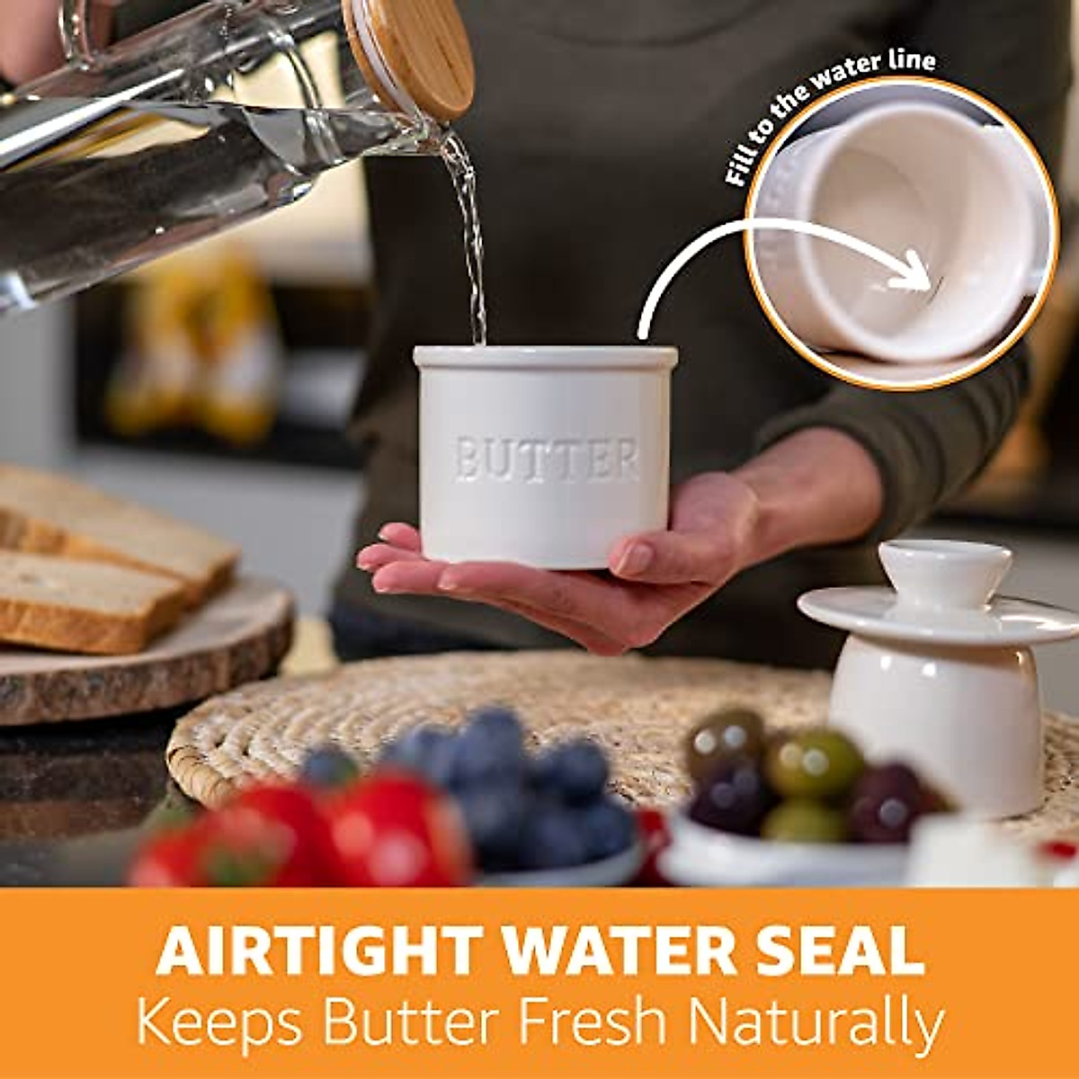 French Butter Crock for Counter With Water Line, On Demand Spreadable Butter, Ceramic Bell Style Butter Keeper to Leave On Counter, French Butter Dish with Lid, White