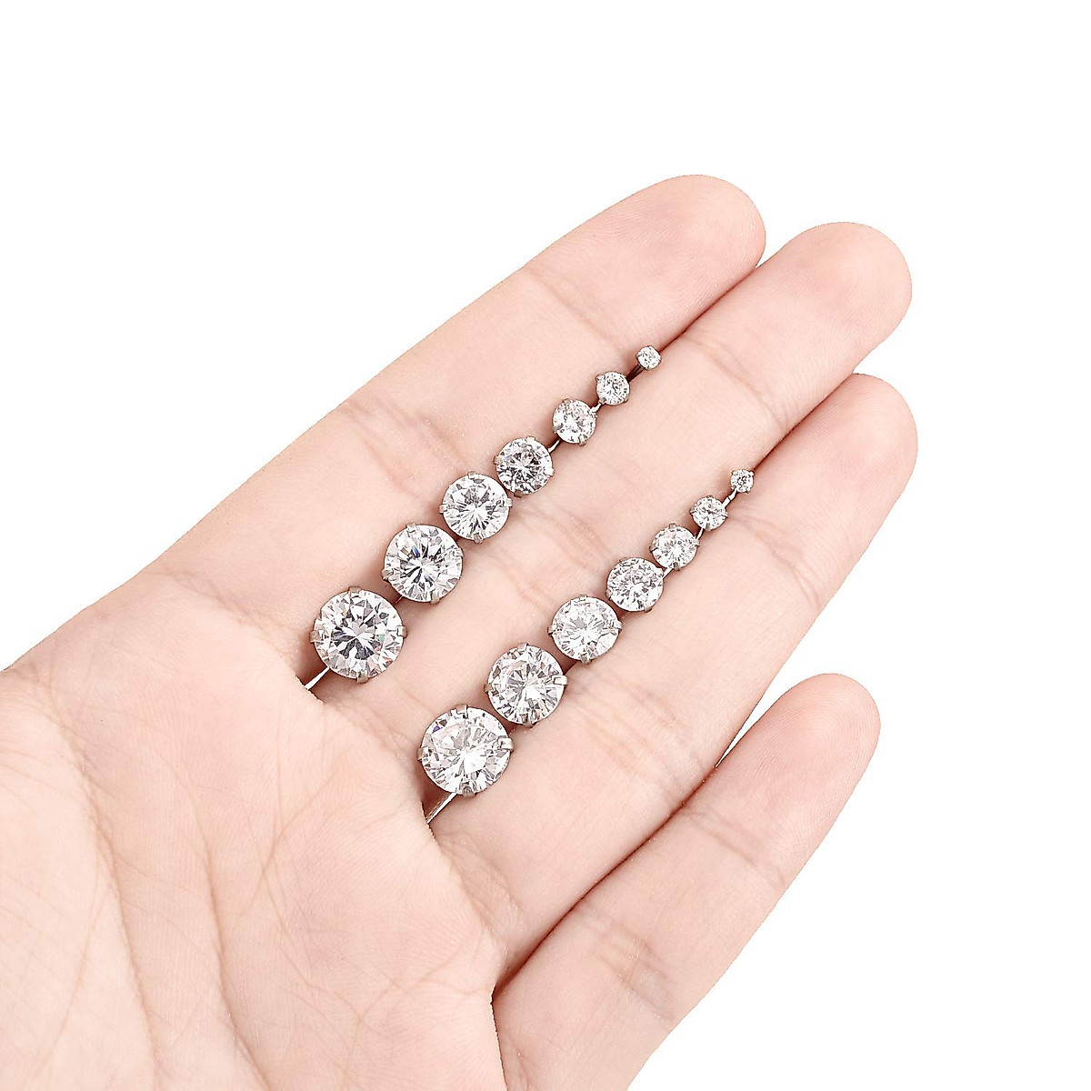 Tornito 7 Pairs 20G Stainless Steel Stud Earrings Round Cubic Zirconia Barbell Earring Set For Men Women 2MM-8MM Silver Tone