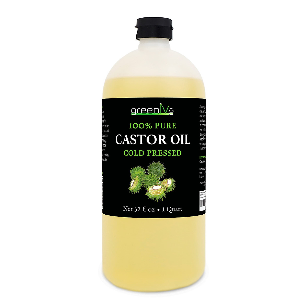 GreenIVe Castor Oil Organically Grown 100% Pure 32oz Bottle Cold Pressed, Hexane Free, Eyelash and Eyebrow Growth Serum, Skin Moisturizer Detox and Wraps