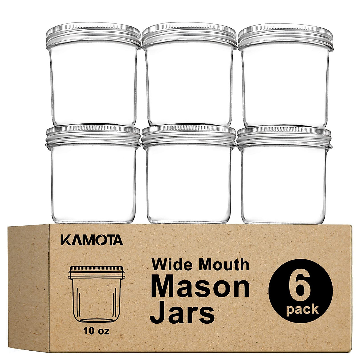 KAMOTA Wide Mouth Mason Jars 10 oz, 10oz Mason Jars Canning Jars Jelly Jars With Wide Mouth Lids and Bands, Ideal for Jam, Honey, Wedding Favors, Shower Favors, Baby Foods, 6 PACK…
