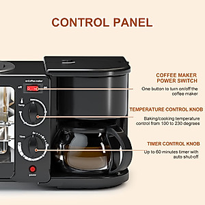 Breakfast Station, Toaster with Frying Pan, Portable Oven Breakfast Maker with Coffee Machine, Non Stick Die Cast Grill/Griddle for Bread Egg Sandwich Bacon Sausages (Bright Black)