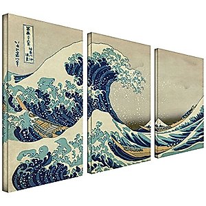 Art Wall 3-Piece The Great Wave Off Kanagawa by Katsushika Hokusai Gallery Wrapped Canvas Artwork, 24 by 36-Inch