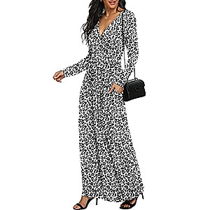 LILBETTER Women Long Sleeve Deep V Neck Loose Plain Long Maxi Casual Dress(F Leopard White, XX-Large)