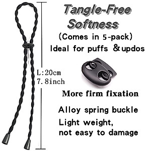 FEEZENT Afro Puff Drawstring Ponytail Ties Adjustable Length Hairband for Short Kinky Curly Hair Bun Hair Ties for Afro Long Cushioned Headband Ties for Women with Thick, No-Slip Design (A-Black-5PCS)