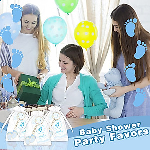 BUYWUMORE 12 Sets Baby Shower Favors for Boy Blue Footprint Keychain Gifts with White Organza Bags and Thank You Tags for Oh Baby It's a Boy Baby Shower Party Decorations Supplies(Boy)