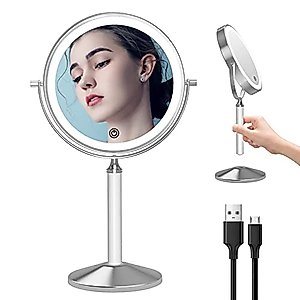 Lighted Makeup Mirror with Magnification, 1X 10X Magnifying Mirror with Light, 8'' HD Double Sided Tabletop Vanity Mirror, Rechargeable 3 Color LED Dimmable Desk Lit Cosmetic Mirror, Girl Women Gifts