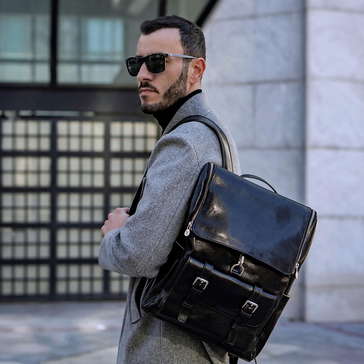 Time Resistance Leather Backpack up to 15in Laptop Brown Travel Book Bag (Black)