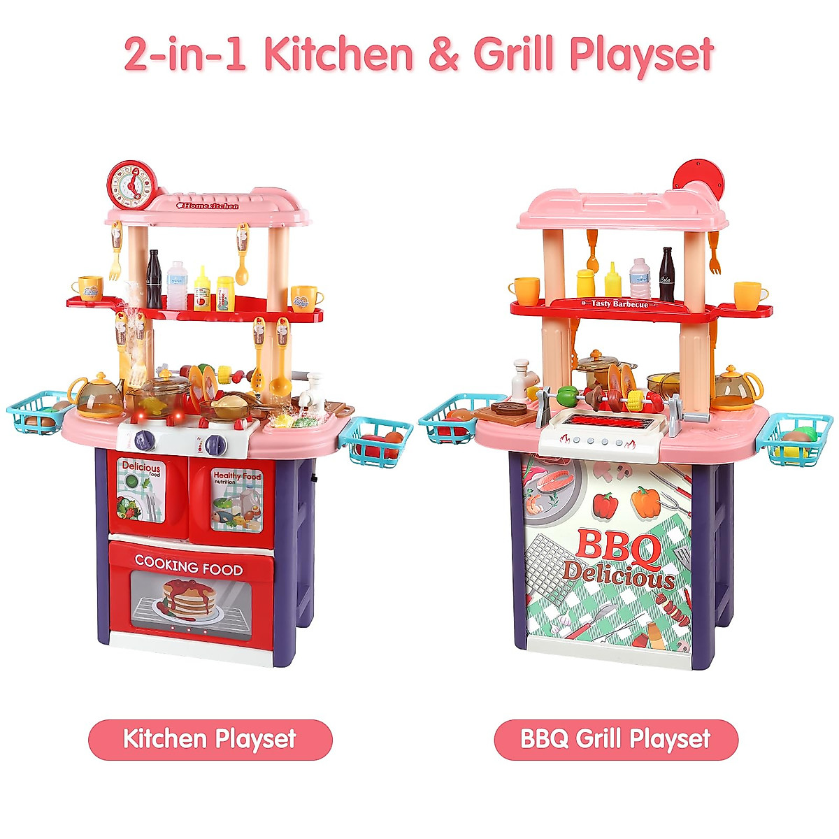 Play Kitchen Playset, 2 in 1 Gill and Kitchen Toys for Toddlers Kids Girls Boys