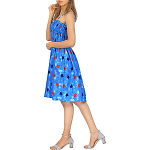 LA LEELA Women's Summer 4th of July American USA Flag Smocked Swing Tube Top Patriotic Dresses for Women One Size Sky Freedom Stars