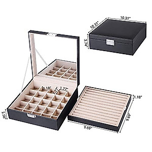 BEWISHOME Ring Organizer and Earring Box Holder - 11 Ring Slots, 25 Earring Compartments, Large Mirror, 2 Layers - Jewelry Box Tray Cufflinks Storage for Girls Women Men, Black Faux Leather SSH21B