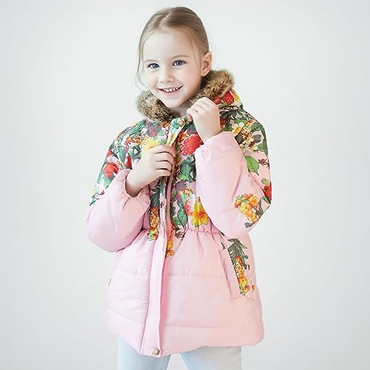 Girls Little Long Quilted Padded Light Puffer Coat Cotton Dress Warm Lined Coat Outer Clothing Bear Hoods Outerwear