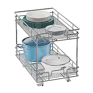 LOVMOR Pull Out Cabinet Organizer and Storage (11" W x 21" D) 2-Tier Pull Out Shelf Storage for Kitchen Base Cabinet Silver
