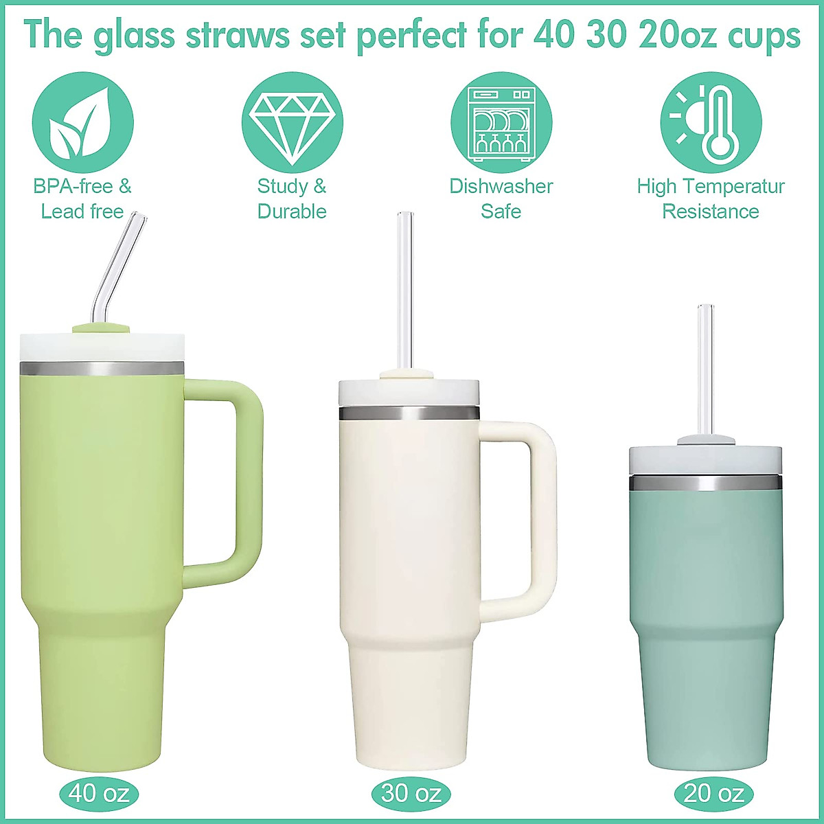 [12 Pcs] Reusable Glass Straws Shatter Resistant - Replacement Glass Straws for Stanley 40 oz 30 oz 20 oz Tumbler 12" x 10mm and 9" x 10mm Each Including 3 Straight and 3 Bent with 2 Cleaning Brush