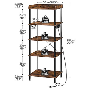 HOOBRO Kitchen Bakers Rack with Power Outlet, 5-Tier Free Standing Kitchen Storage Shelf Rack, Microwave Stand with 4 S-Shaped Hooks, Rustic Brown and Black BF55UHB01