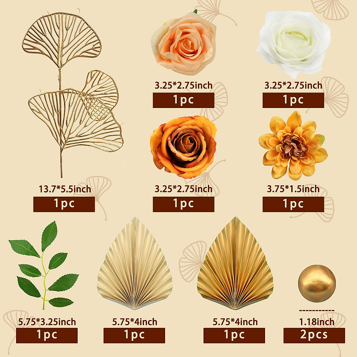 10PCS Boho Cake Topper Flower Cake Topper Gold Palm Leaves Cake Decorations with Artificial Cotton Rose Ginkgo Leaves and Balls for Birthday Party Wedding Baby Shower Boho Themed Party Supplies