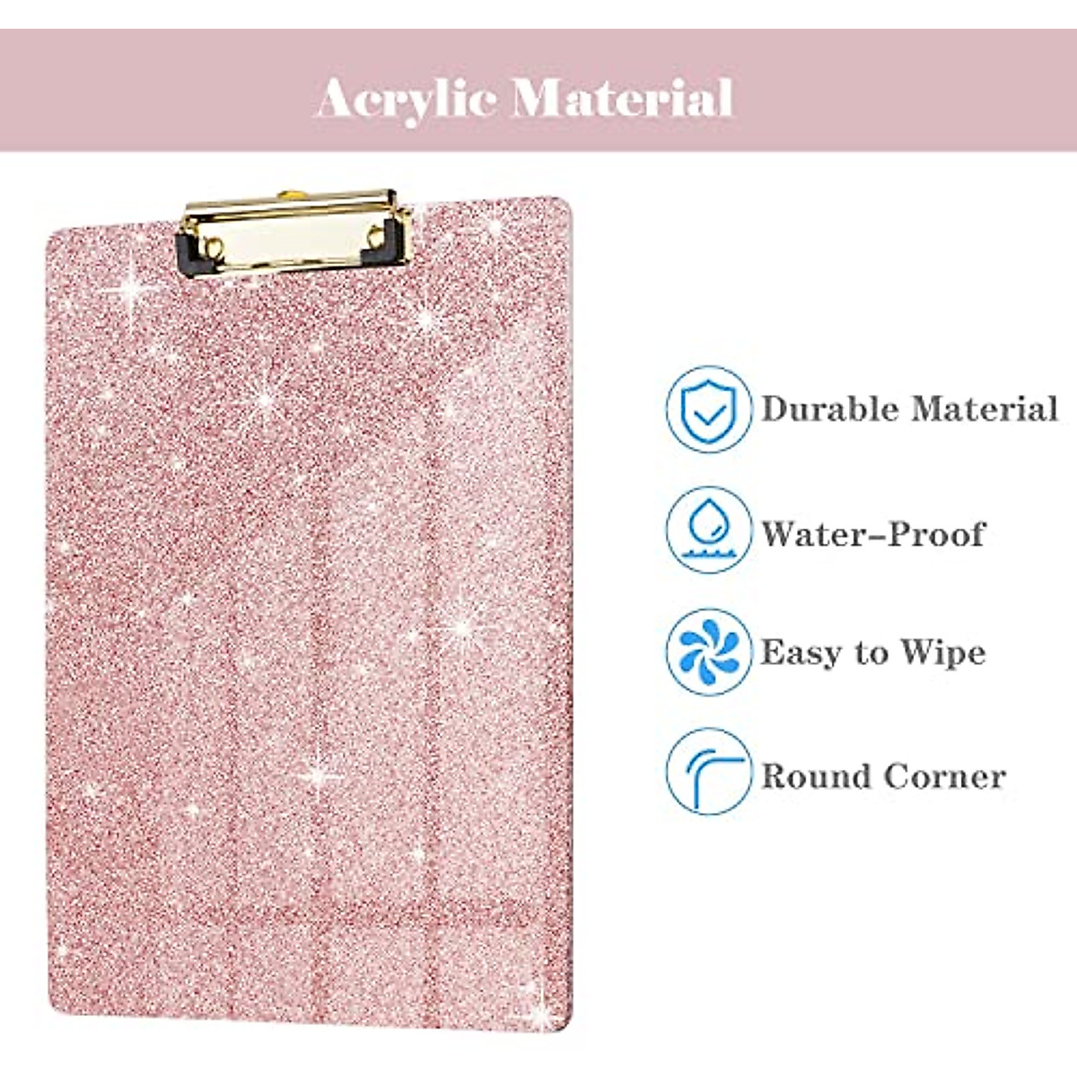 WAVEYU Acrylic Clipboard, Glitter Pink Clipboard for Women Girls, Stardard Letter Size Clipboard with Low Profile Gold Clip Designed for Classroom School and Office Use, A4 Size 12.5" x 9", Rose Gold