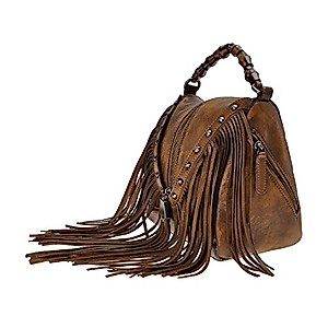 ZLYC Women's Leather Bamboo Hand Strap Featured Fringe Bohemian Tassel Studed Cross Body Bag (Brown)