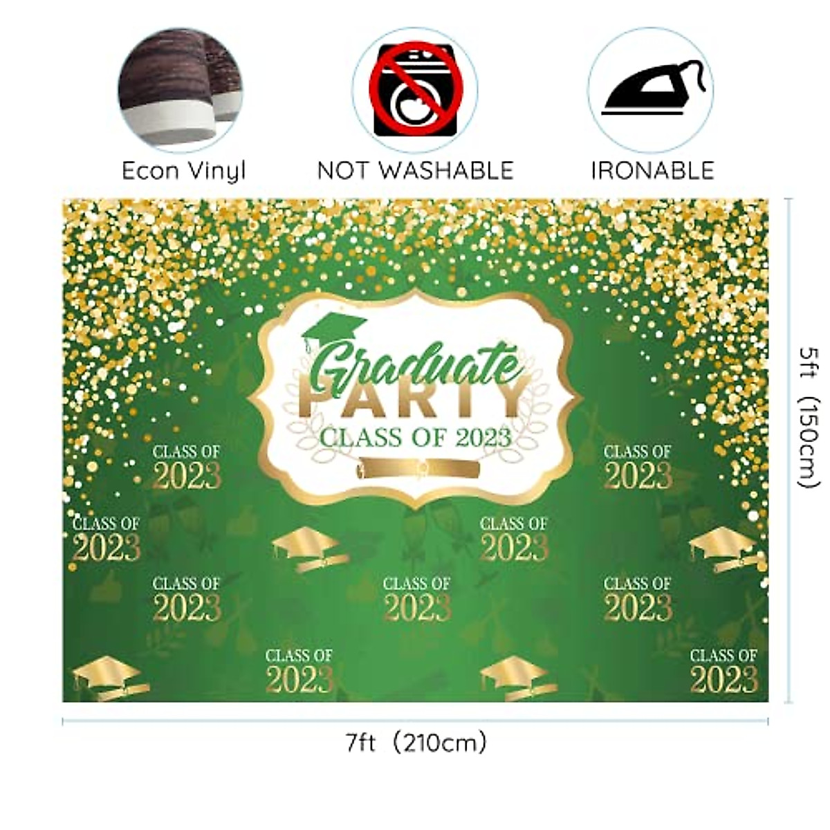 7x5ft Green Graduate Party Backdrop Class of 2023 Graduation Congratulations Background Gold Dots Caps Prom Photography for Senior Year Graduation Party Decoration Banner Supplies