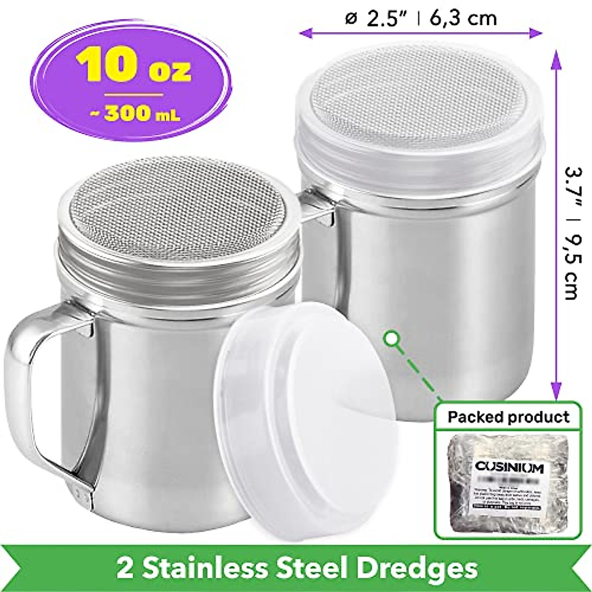 CUSINIUM Powdered Sugar Shaker Duster - With Handle - Cinnamon Shaker For Coffee Bar - Fine Mesh Dredge - 10 ounce, pack of 2 | Style: Fine