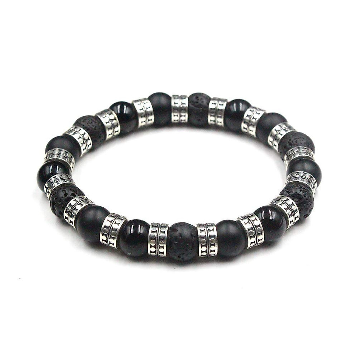 Mixed Black Stone and Sterling Silver Bracelet, Lava Stone, Matte Black, Polished Onyx, Bracelet for Men, Quality Beaded Jewelry