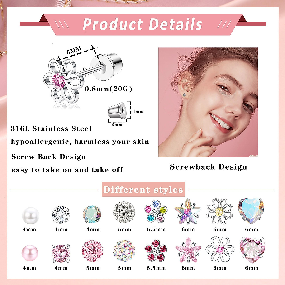 THUNARAZ 16 Pairs Hypoallergenic Screw Back Earrings for Women Girls Surgical Steel Tiny CZ Pearl Ball Heart Flower Screwback Flat Back Stud Earrings Set 20G