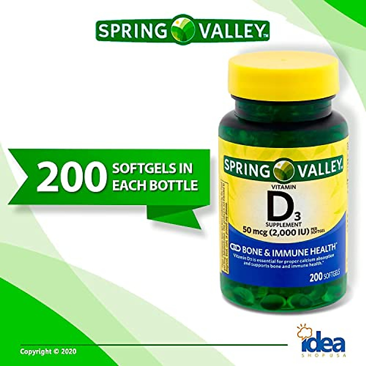 Spring Valley Vitamin D3 Supplement, 50 Mcg (2,000 Iu), 200 Ct Bundle With Exclusive "Vitamins & Minerals - A to Z" - Better Idea Guide (2 Items)